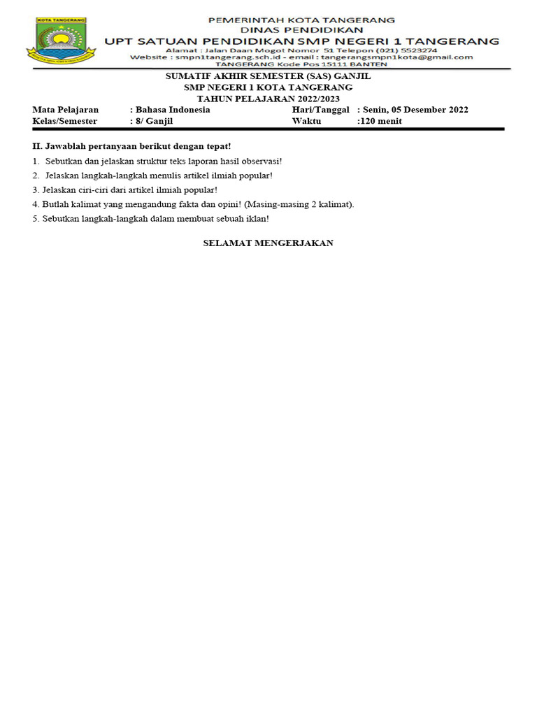 Soal Essay SAS Ganjil Bahasa Indonesia - Kelas 8 | PDF