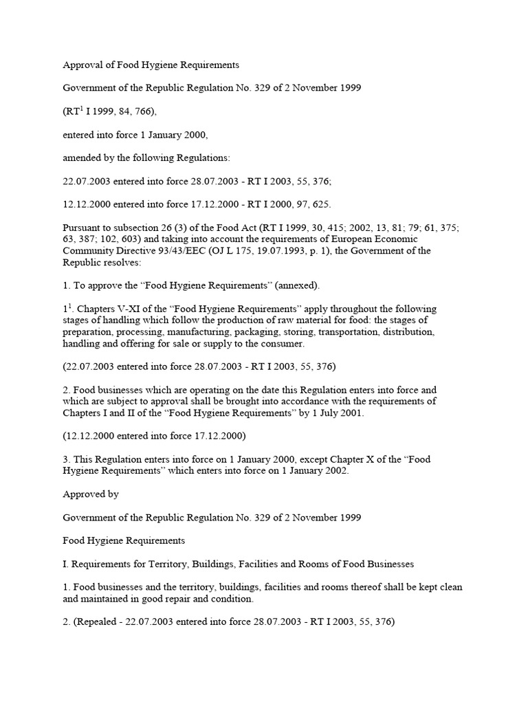 Food Hygiene Requirements Regulation | PDF | Food Safety | Hygiene