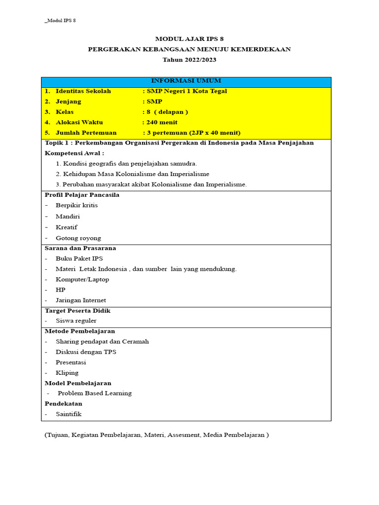 Modul Ajar IPS Kelas 8 Tema 3 Sub B - Pergerakan Nasional Menuju ...
