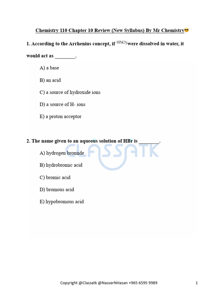 Chemistry 110 Chapter 10 Review | PDF | Acid | Chemical Reactions