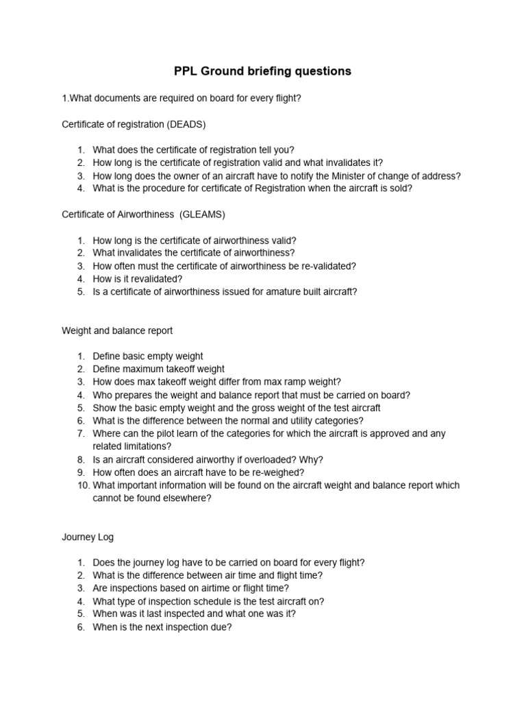 PPL Ground Briefing Questions | PDF | Aircraft | Aerospace Engineering PPL Ground Briefing Questions | PDF | Aircraft | Aerospace Engineering