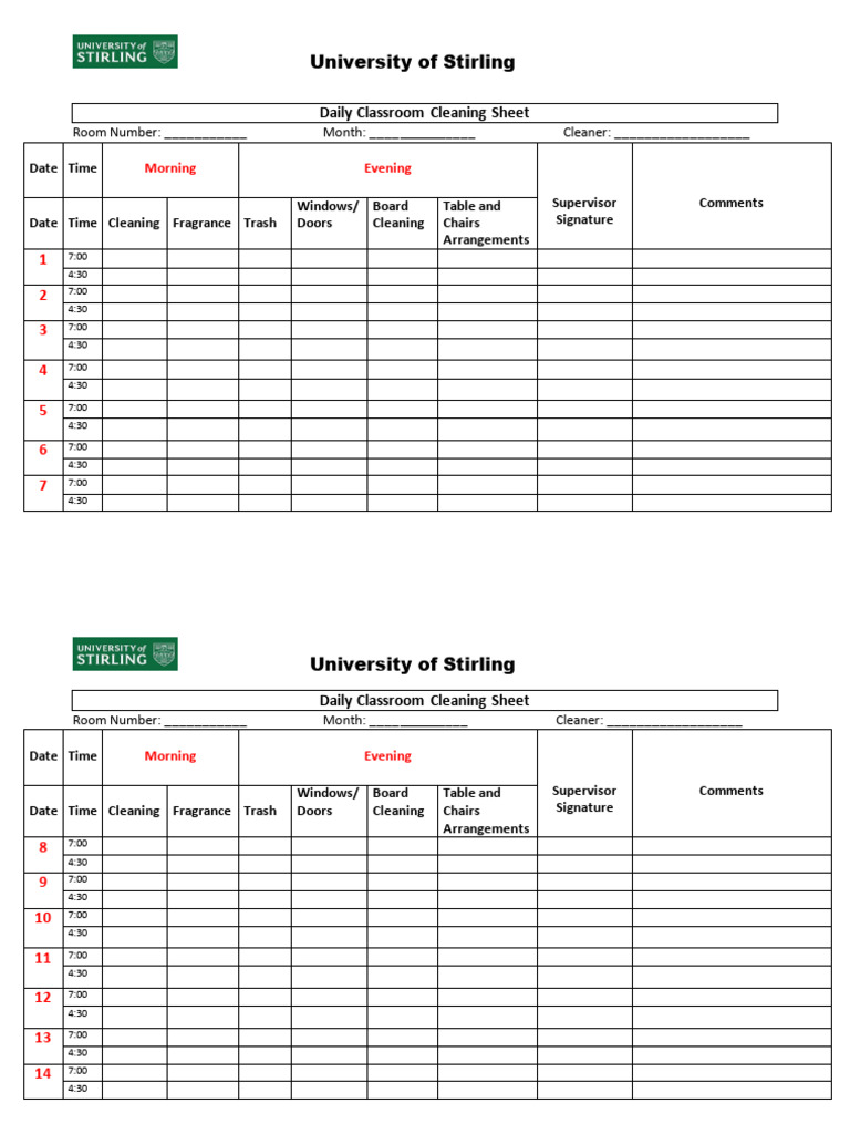 Daily Classroom Cleaning Sheet UOS and SQA | PDF | Cleaning