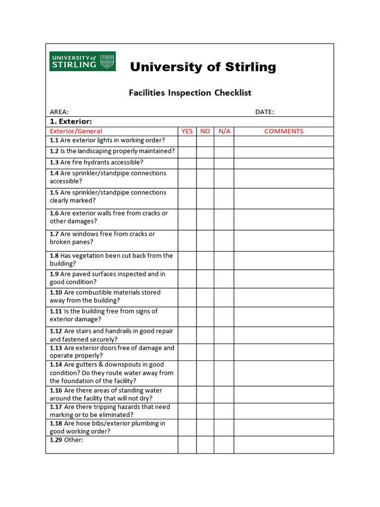Facilities Inspection Checklist UOS and SQA | PDF | Fire Sprinkler ...