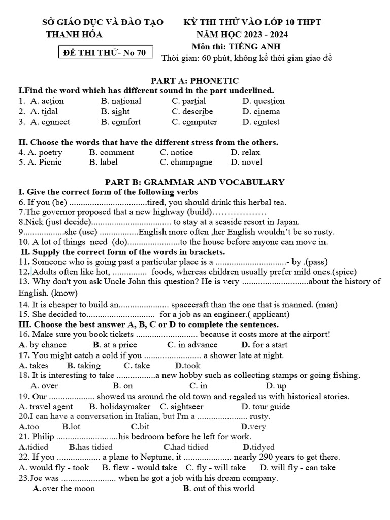 23-24 SỐ 70 - ĐÈ VÀO 10 THPT | PDF | English Language