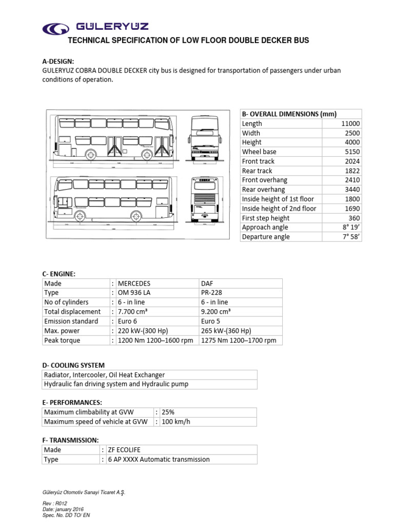 Technical Specification of Low Floor Double Decker Bus | PDF | Axle | Bus