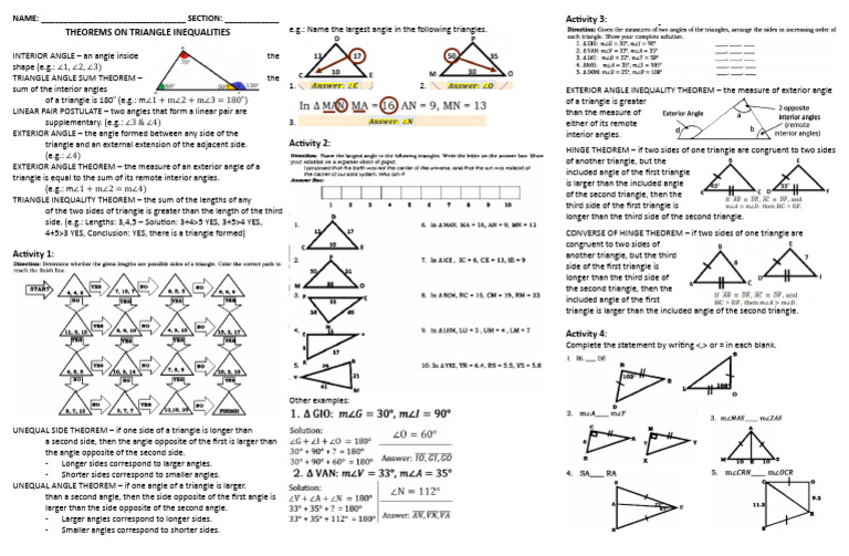 THEOREMS-ON-TRIANGLE-INEQUALITIES-WITH-ACTIVITIES-2 | PDF | Triangle | Angle