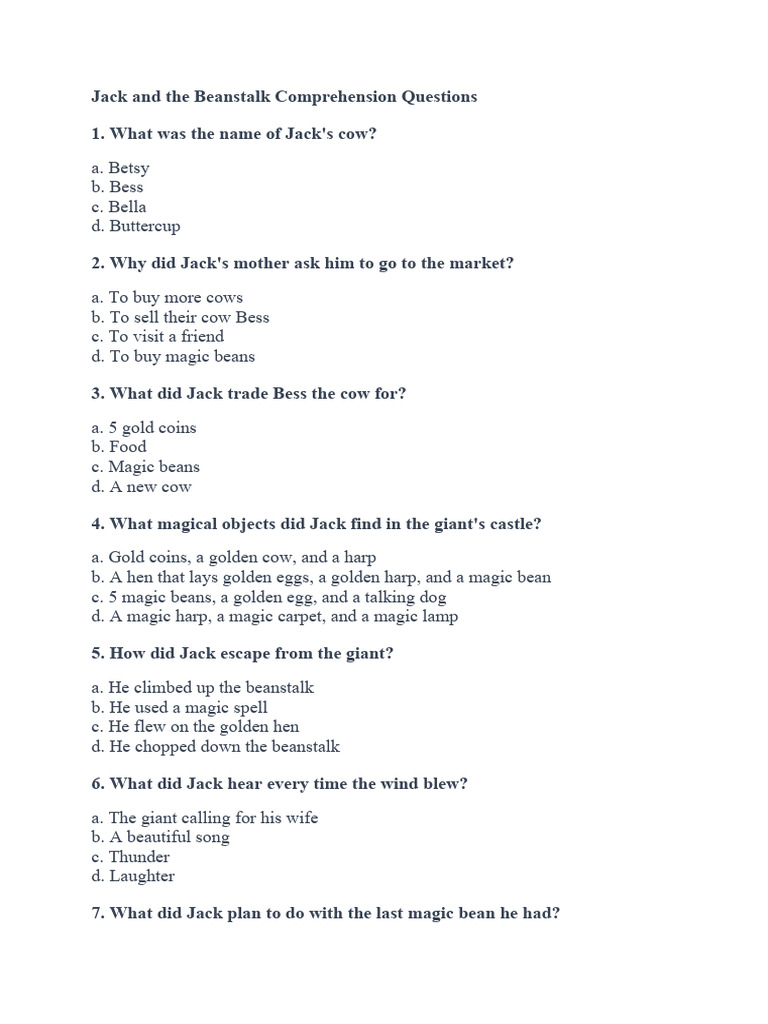 Jack and The Beanstalk Comprehension Questions | PDF