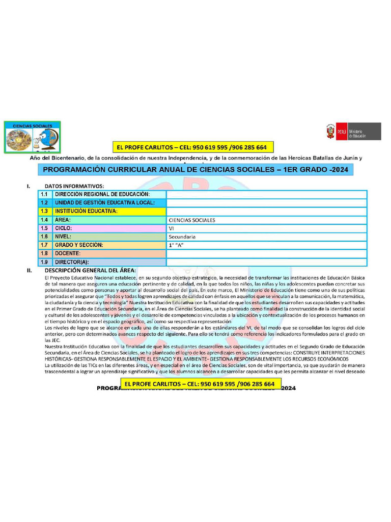 Programaciones Anuales 2024 - Ciencias Sociales - 1er Grado | PDF