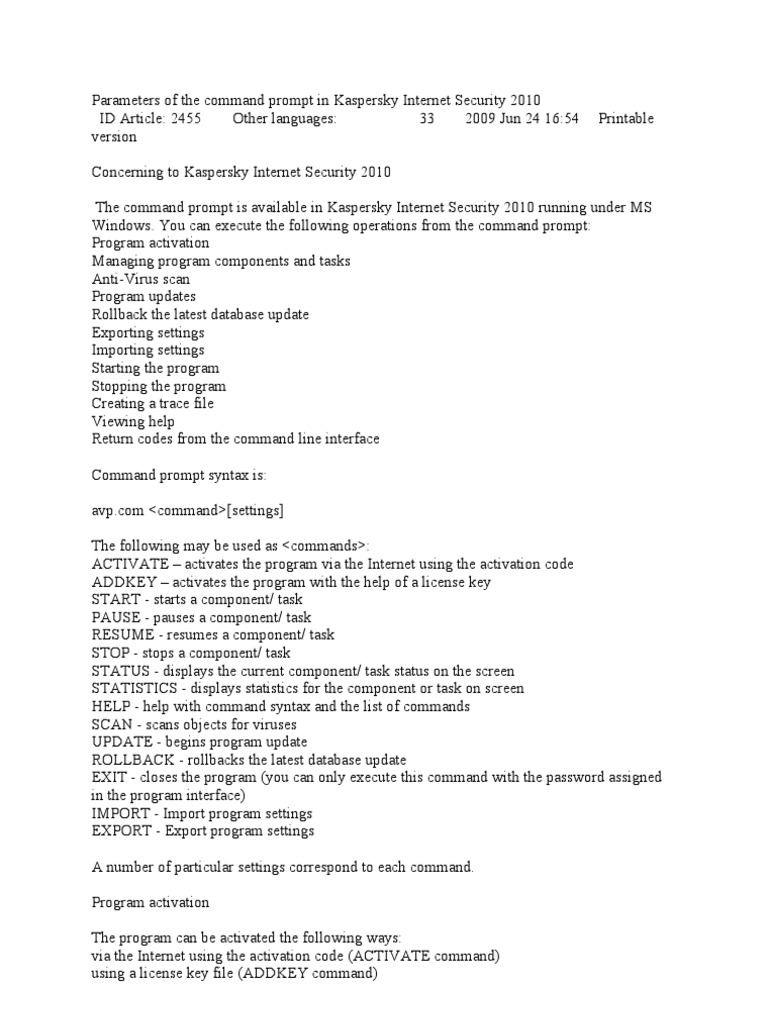 Parameters of The Command Prompt in Kaspersky Internet Security 2010 ...