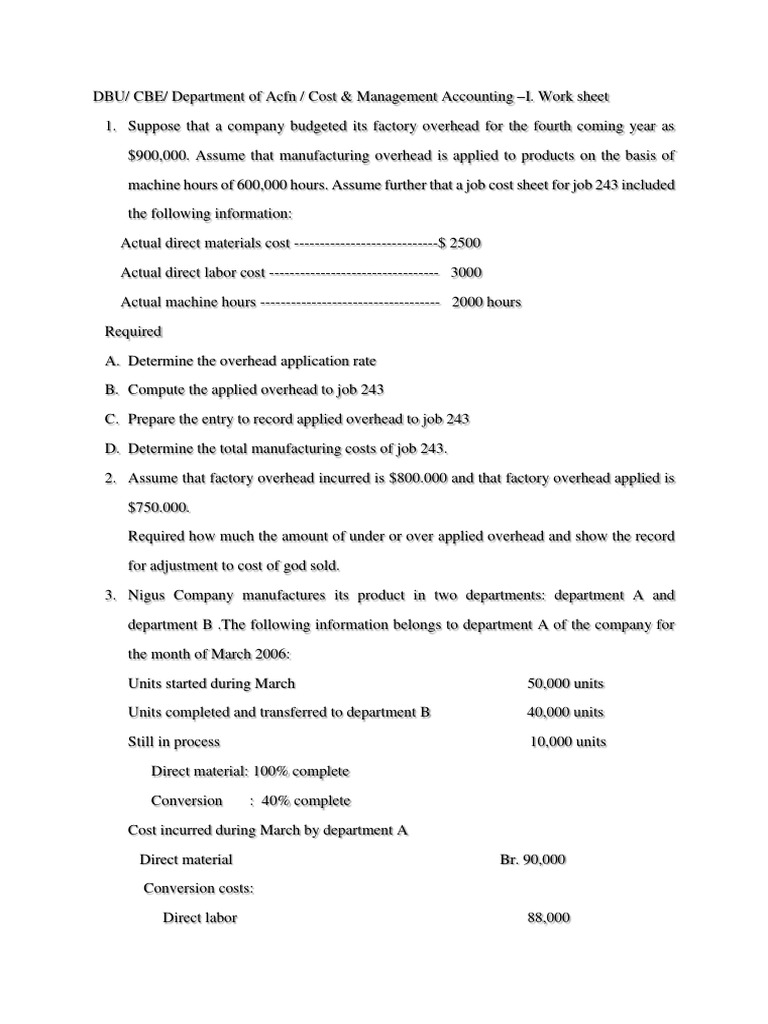 Cost & MGT Acc I Worksheet | PDF | Production And Manufacturing | Economies