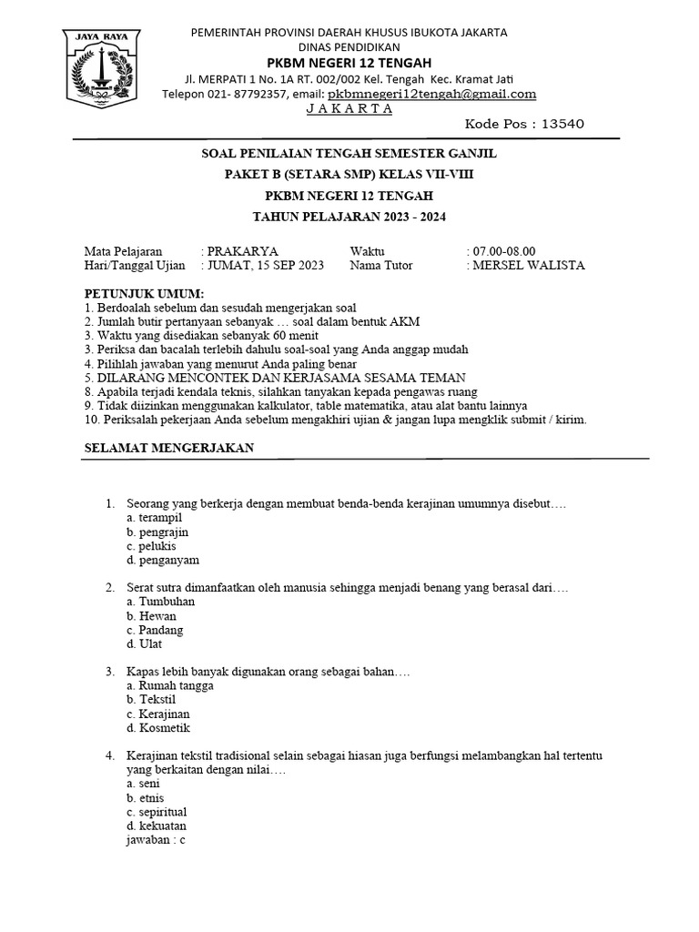 Pts Ganjil Prakarya 7-8 Tahun Ajaran 2023-2024 | PDF