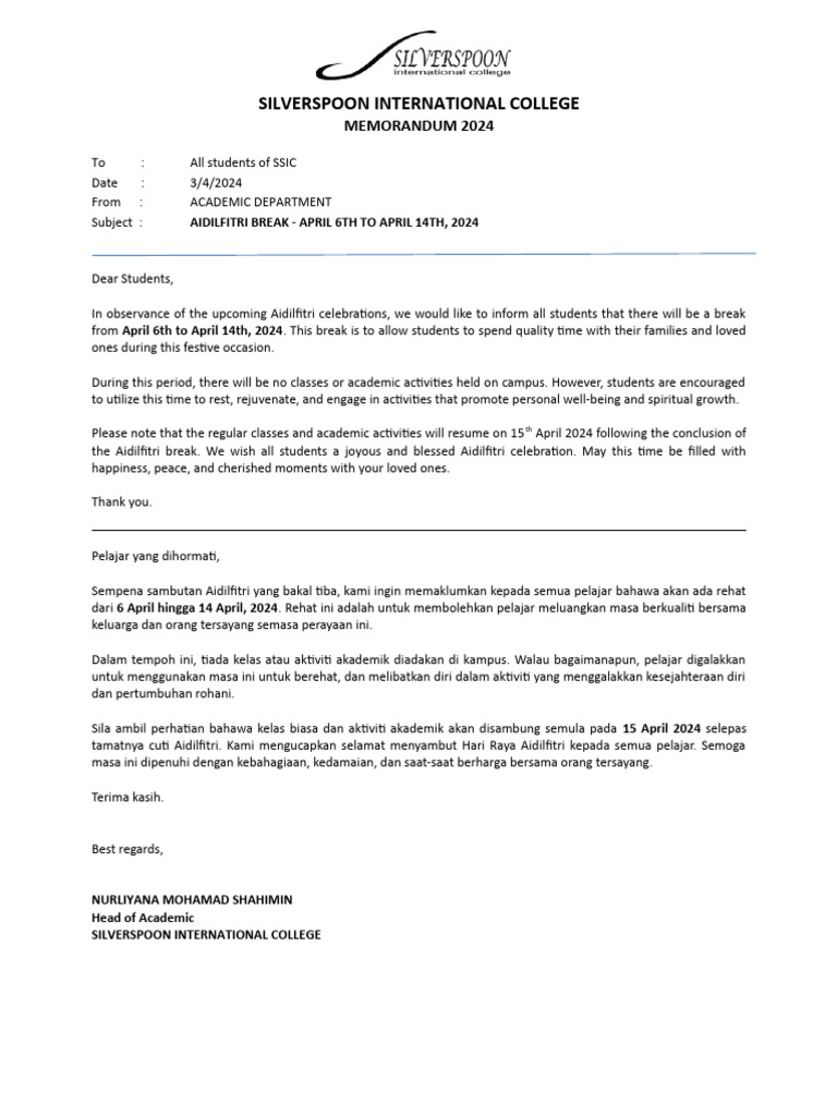 Internal Memo Hari Raya Break | PDF | Career & Growth | Travel