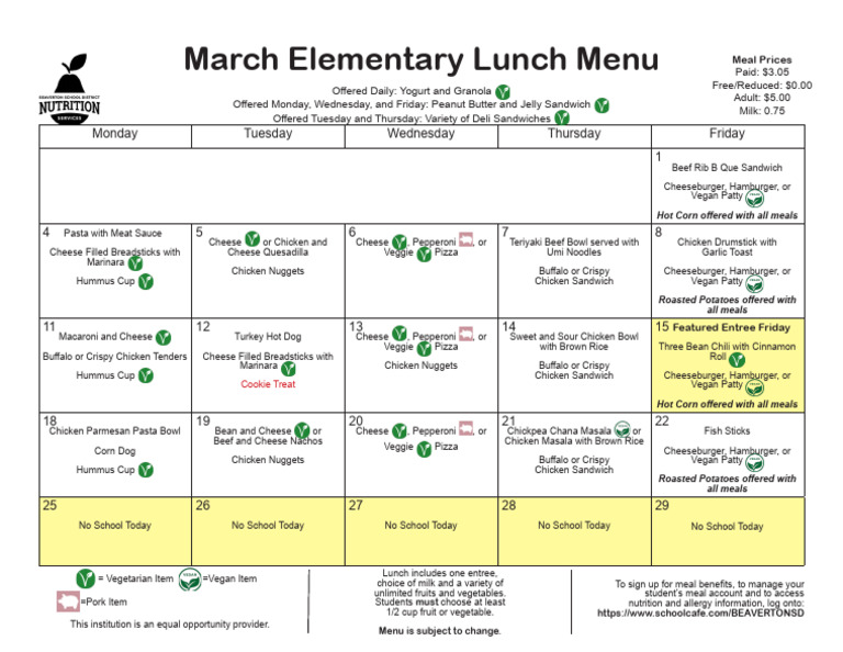 March Elementary Lunch Menu | PDF | Hamburgers | Lunch