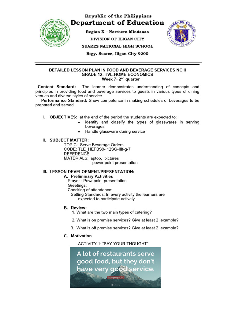 DETAILED LESSON PLAN IN FBSNC II-COT2 | PDF | Drink