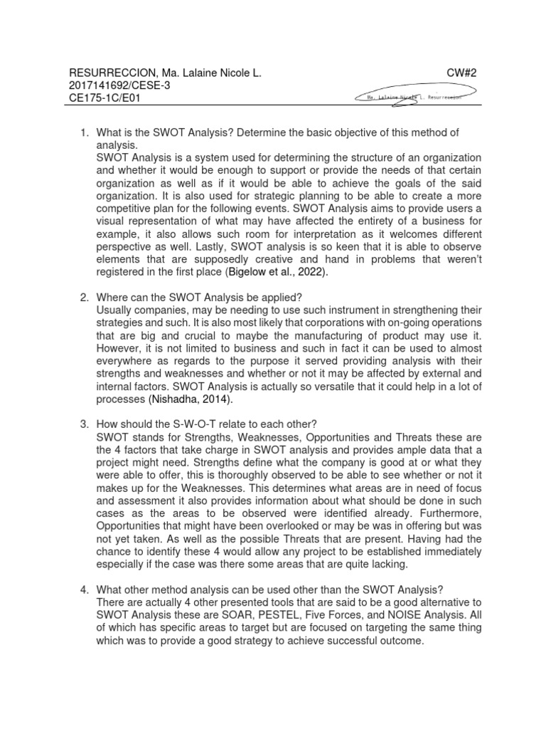 RESURRECCION - Ma. Lalaine Nicole - CE175-1C - E01 - CW2 | PDF | Swot Analysis | Cognitive Science