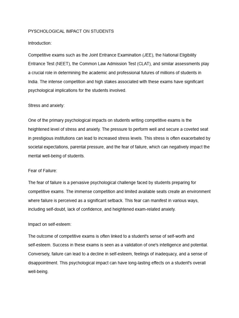 Pyschological Impact On Students | PDF | Self Esteem | Psychology