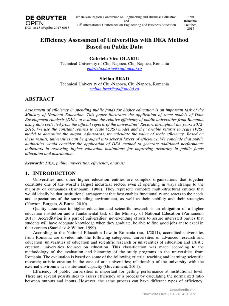Efficiency Assessment of Universities With DEA Met | PDF | Methodology | Evaluation