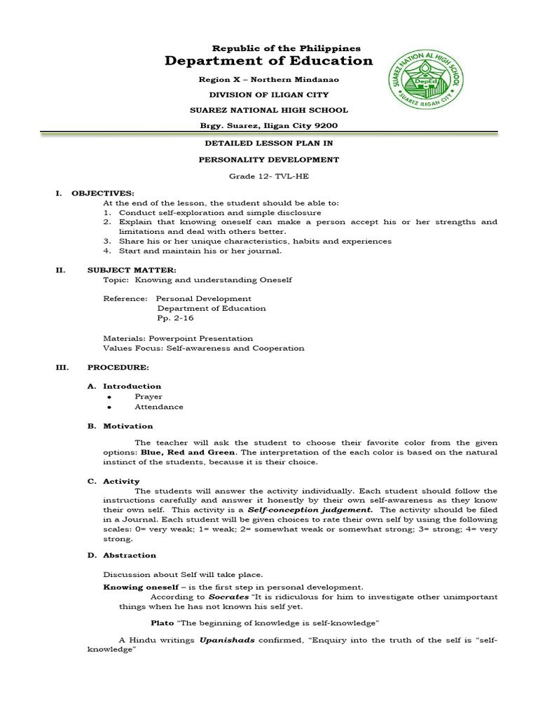 Lesson Plan-Personality Development-Week1 Quarter 1 | PDF | Self ...