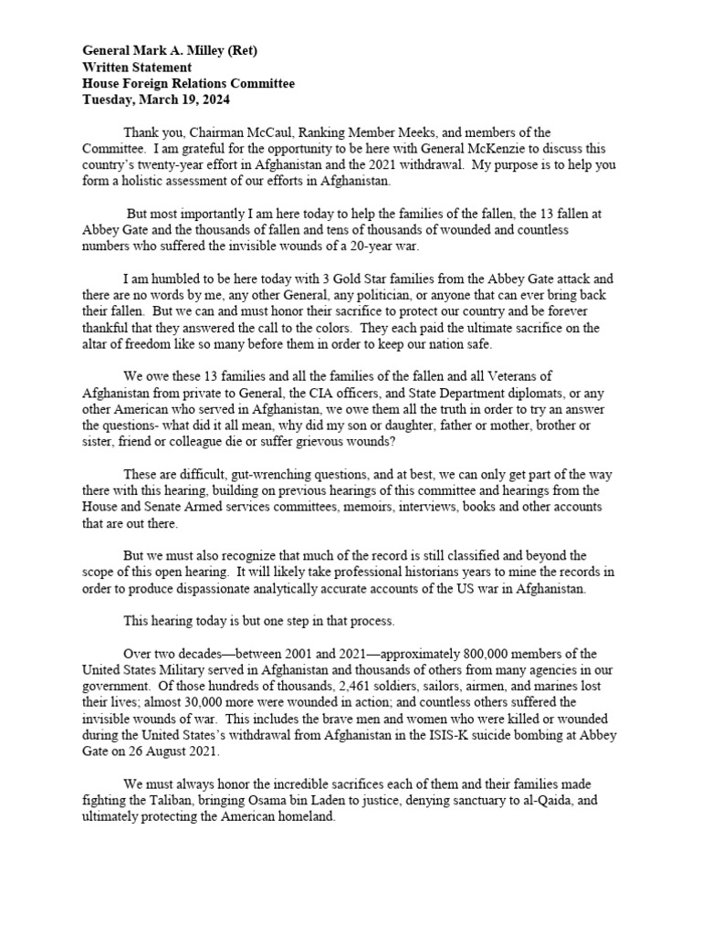 HHRG 118 FA00 Wstate MilleyM 20240319 | PDF | Taliban | Afghanistan