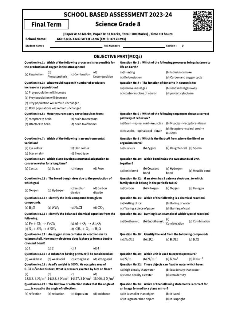 8th class science paper d | PDF