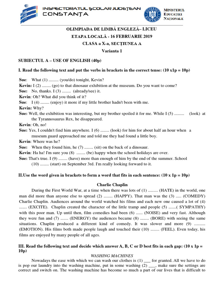 Subiect - X - Sectiunea A - V1 | PDF | Charlie Chaplin