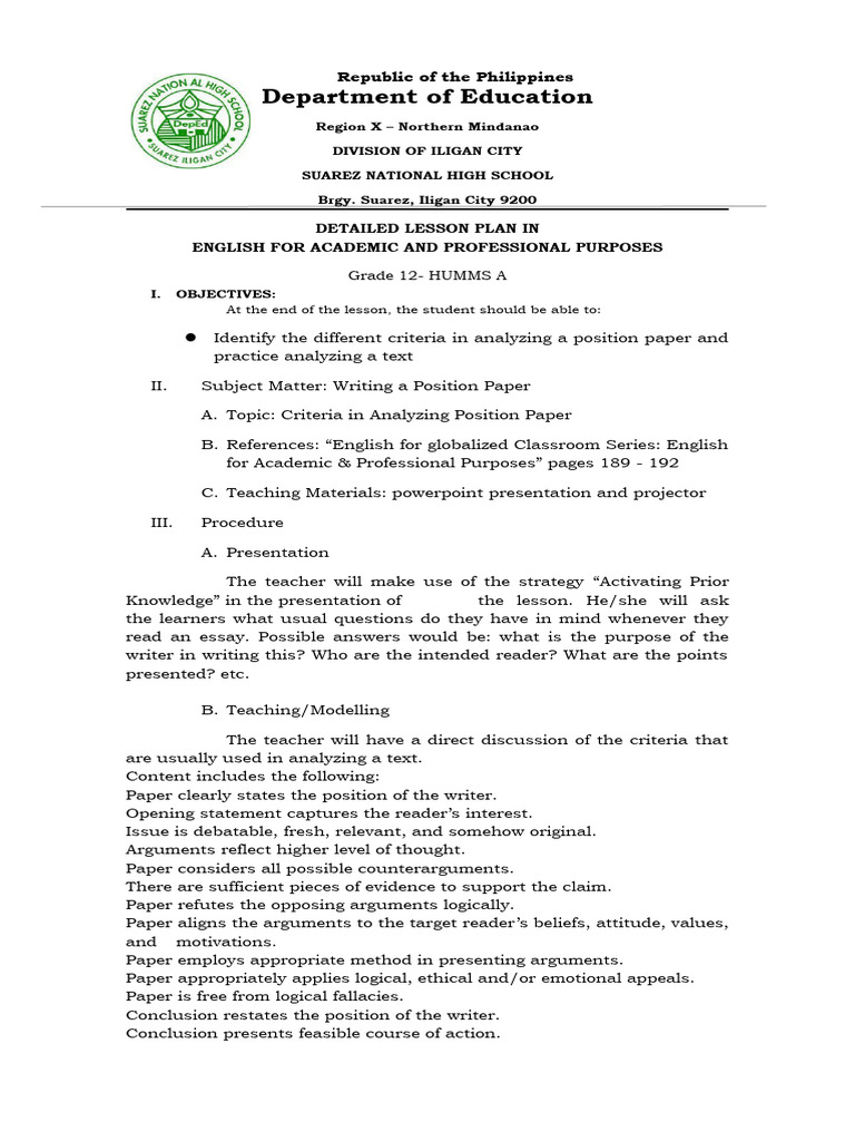 DETAILED LESSON PLAN IN eapp week 6 | PDF | Lesson Plan | Argument