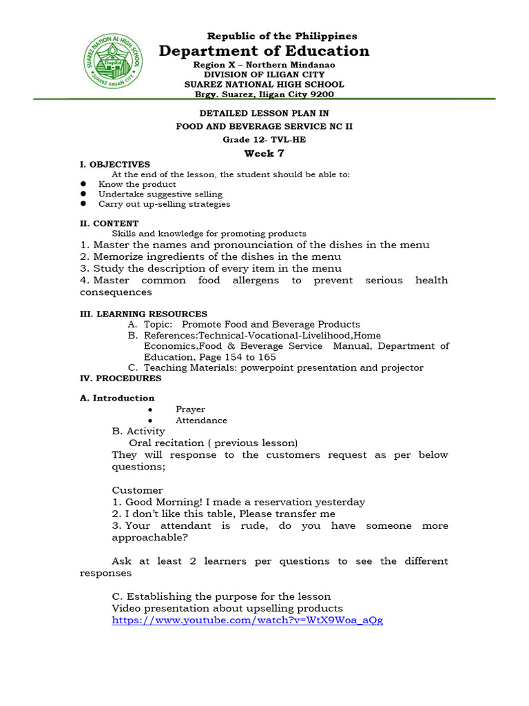 DETAILED LESSON PLAN IN cookery week 7 | PDF | Drink | Hors D'oeuvre