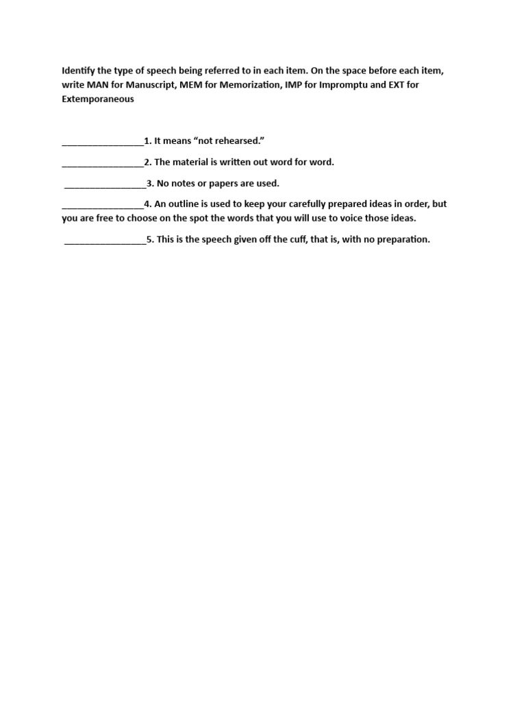 Identify The Type of Speech Being Referred To in Each Item | PDF