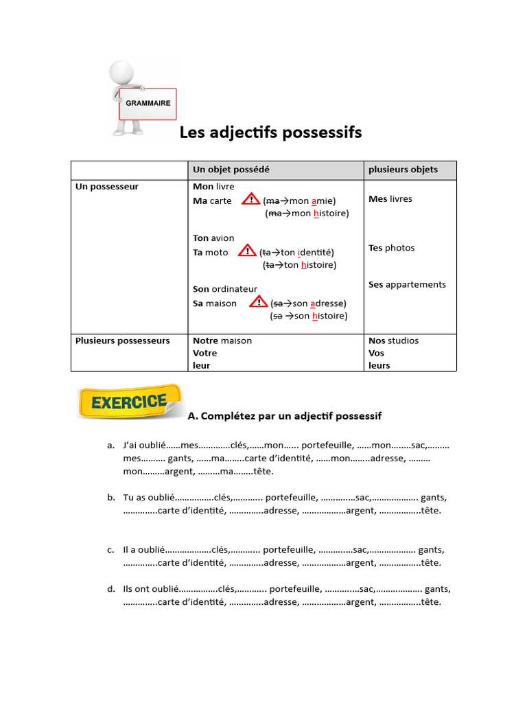 Exercices sur les adjectifs possessifs | PDF | Linguistique