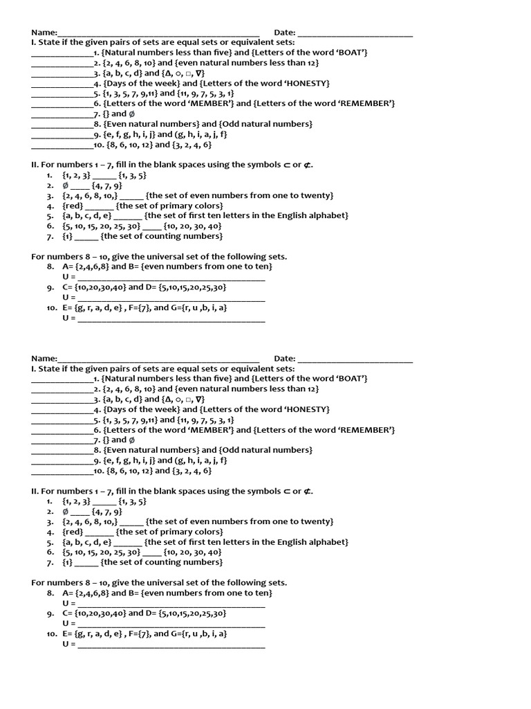 Equal and Equivalent Sets Worksheet | PDF | Mathematics | Mathematical ...