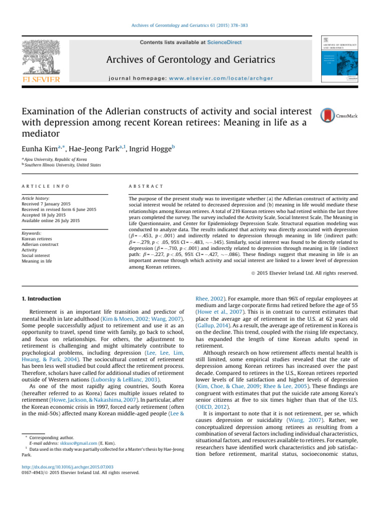 Examination of The Adlerian Constructs of Activity and Social Interest ...