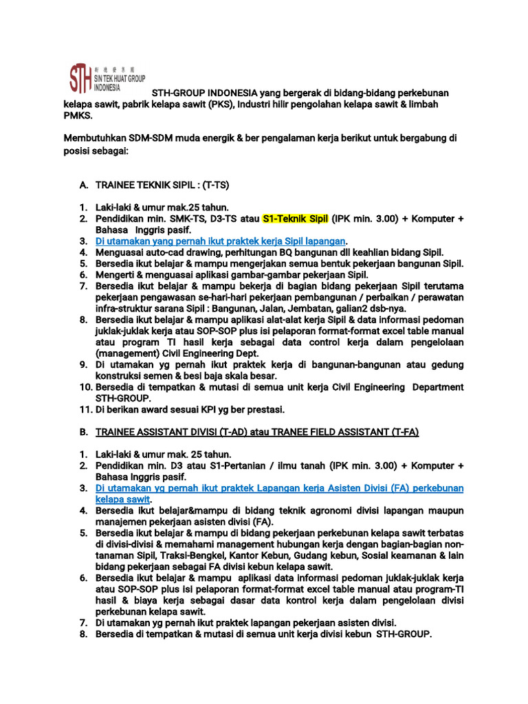 STH Group - INFO LOKER | PDF