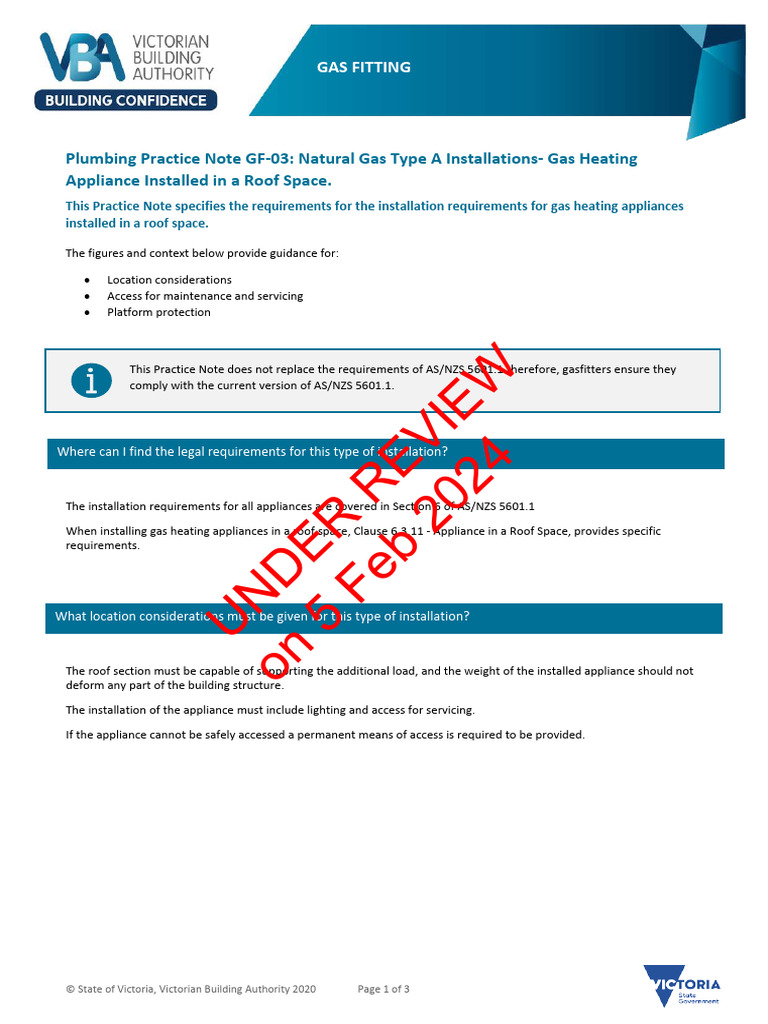VBA Plumbing GF 03 Gas Heating Appliances Installed in a Roof Space UNDER REVIEW 5 Feb 2024 ...