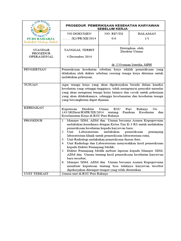 Protap Pemeriksaan Kesehatan Karyawan | PDF