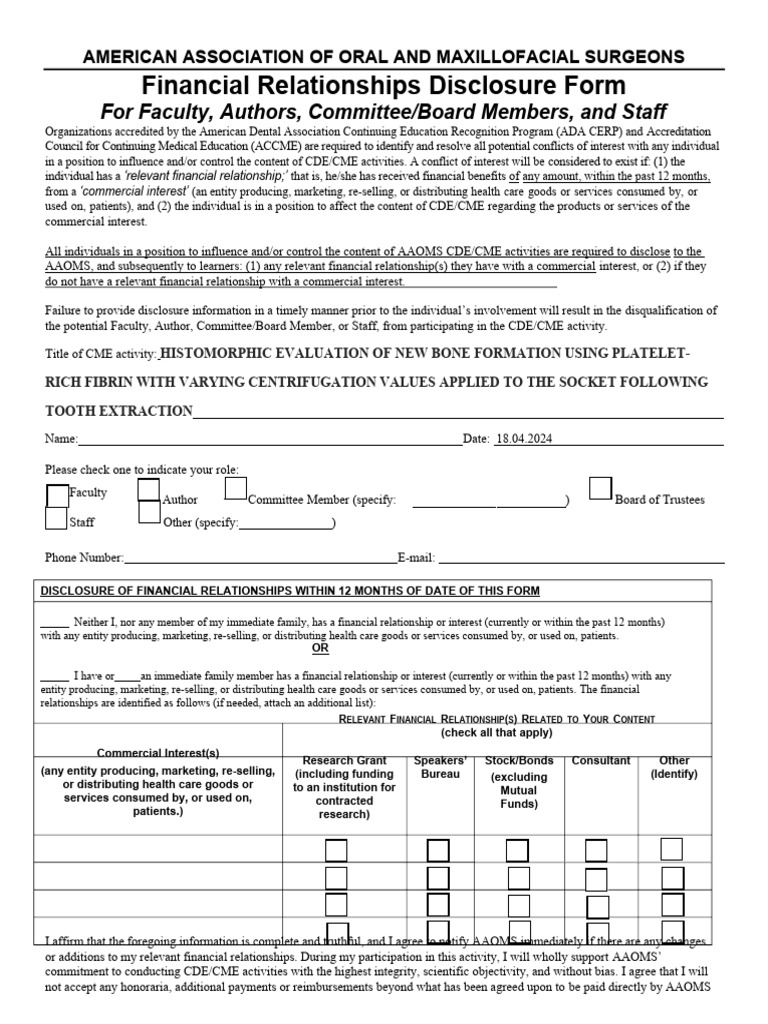 Financial Relationships Disclosure Form | PDF | Conflict Of Interest ...