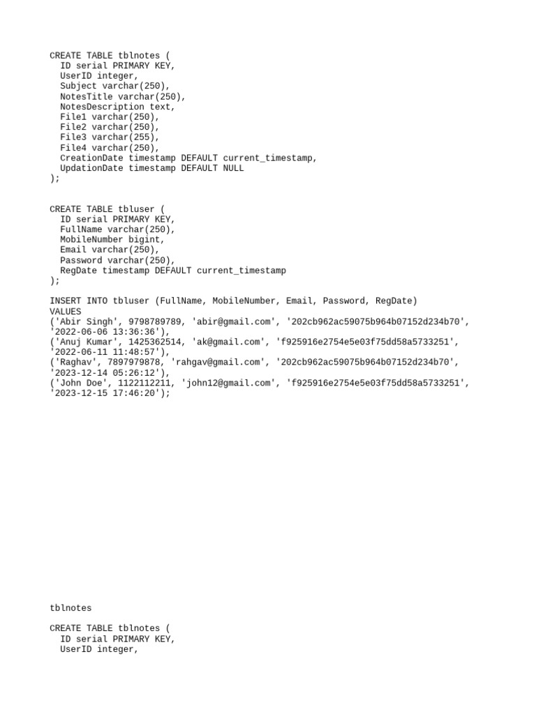 Create Table Tblnotes Pdf Computer Programming Computing 