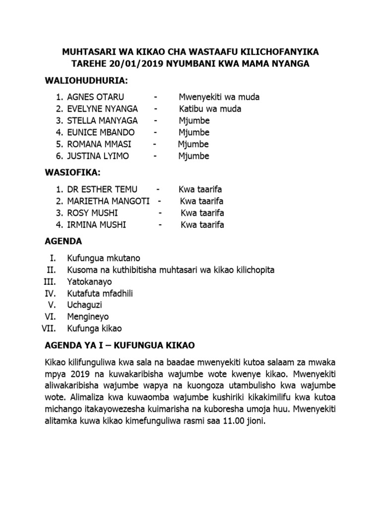 Muhtasari Wa Kikao Cha Wastaafu Kilichofanyika Tarehe 20 | PDF