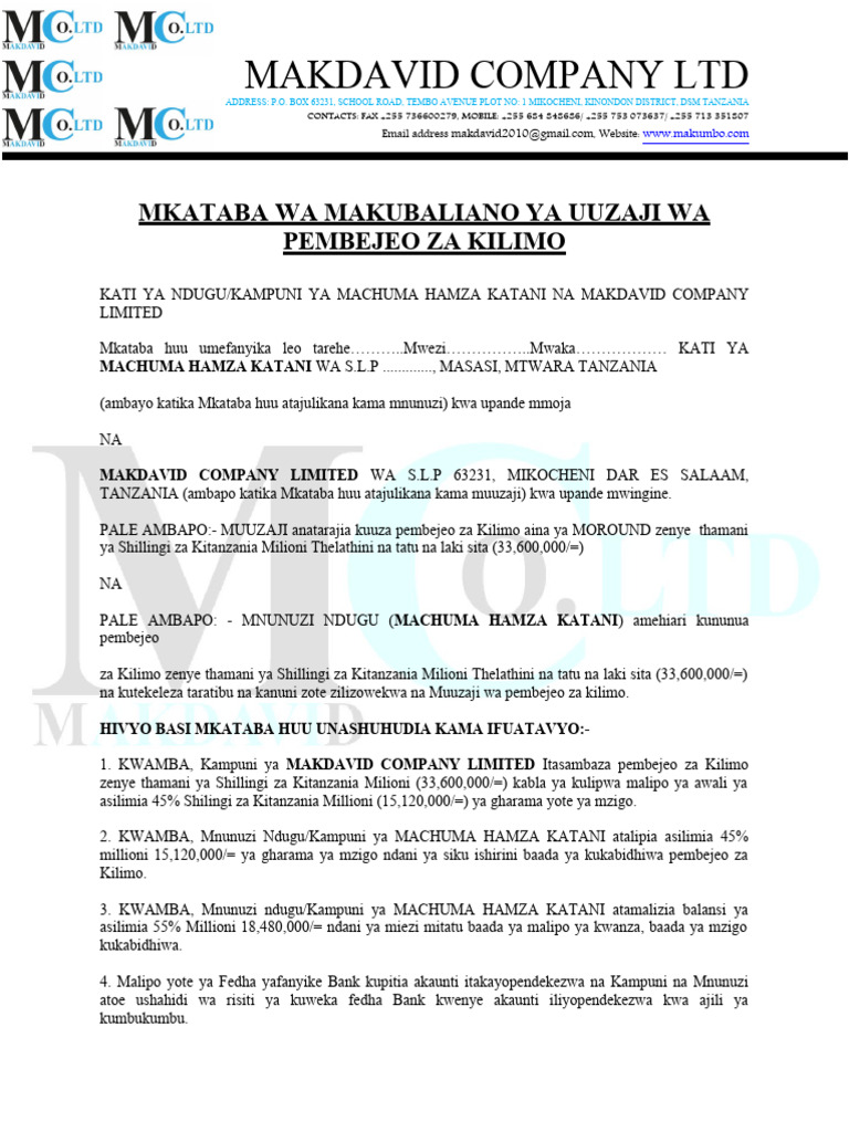 MakDavid - MACHUMA MKATABA WA MAUZIANO YA PEMBEJEO | PDF
