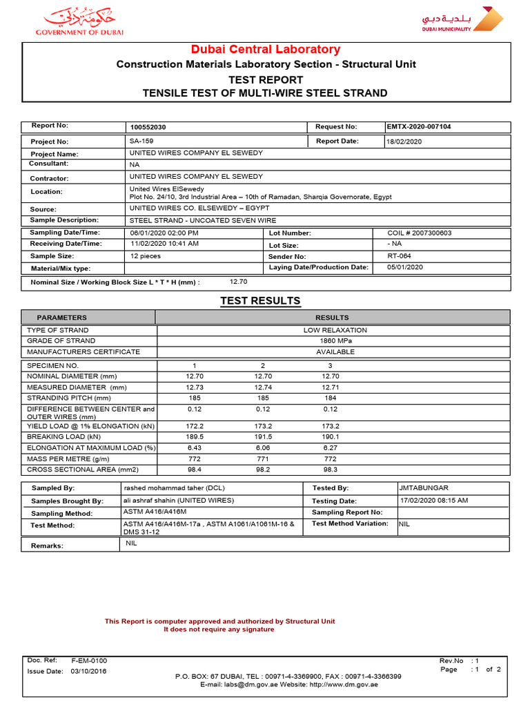 DCL Test Report - Size 12.7 MM - 18-2-2020 | PDF | Wire | Materials Science