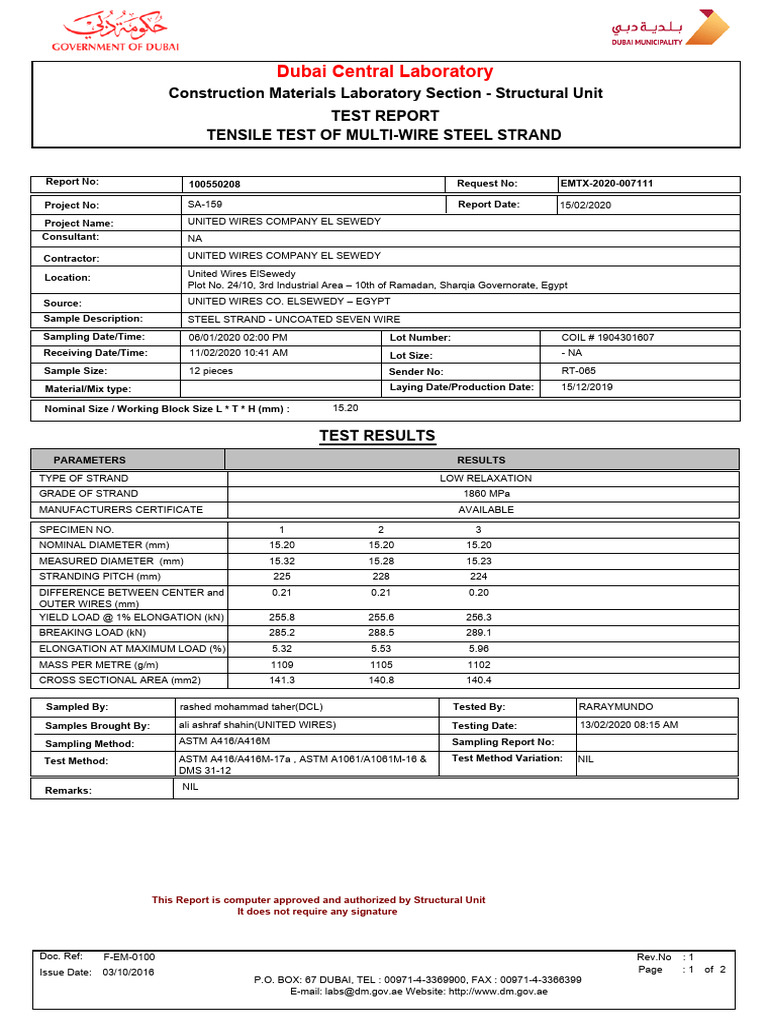 DCL Test Report - Size 15.24 MM - 18-2-2020 | PDF | Wire | Building ...