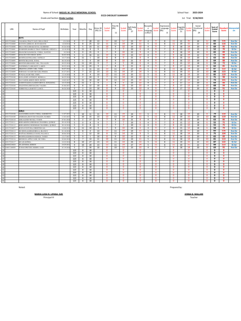 ECCD Checklist Summary 2023-2024 | PDF