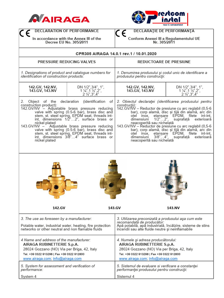 Airaga Serie 142 - 143 DoP - Brass Pressure Reducing Valves EN RO 2020 ...