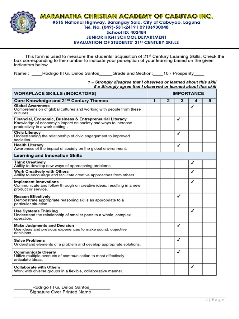 Evaluation-21st-Century-Skills-Template-Delos Santos | PDF | Literacy | Cognition