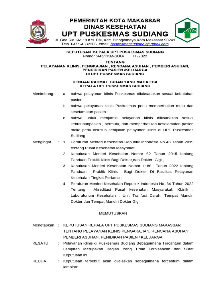 1 SK Pelayanan Klinis Pengkajian, Rencana Asuhan, Pemeria Asuhan, Pendidikan Pasien | PDF ...