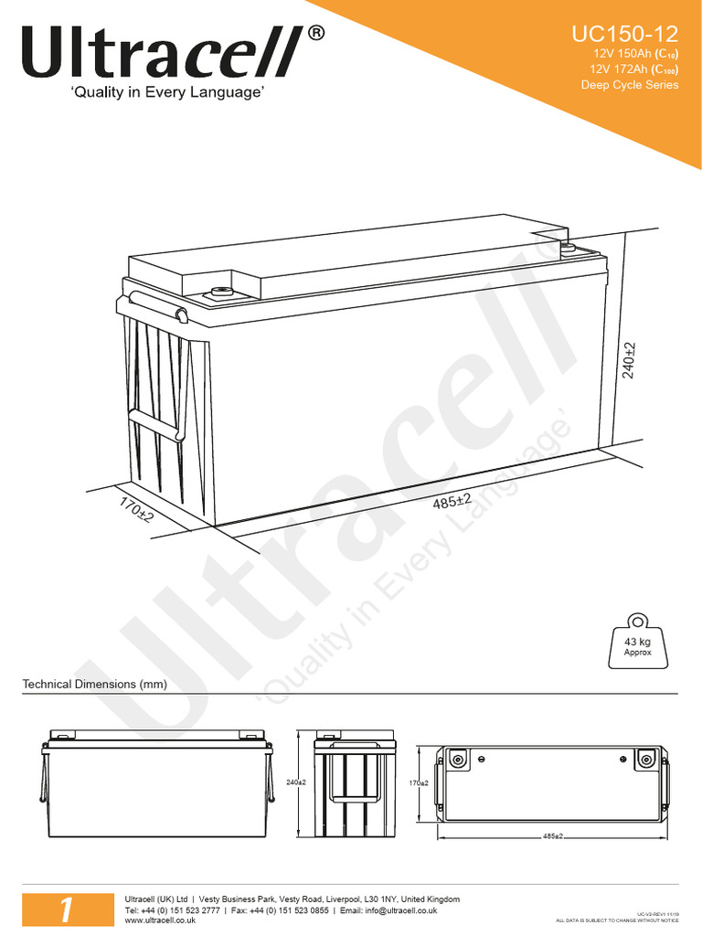 Ficha técnica Batería AGM 12V 172Ah Ultracell UC-172-12 | PDF | Electricity | Electrical Engineering