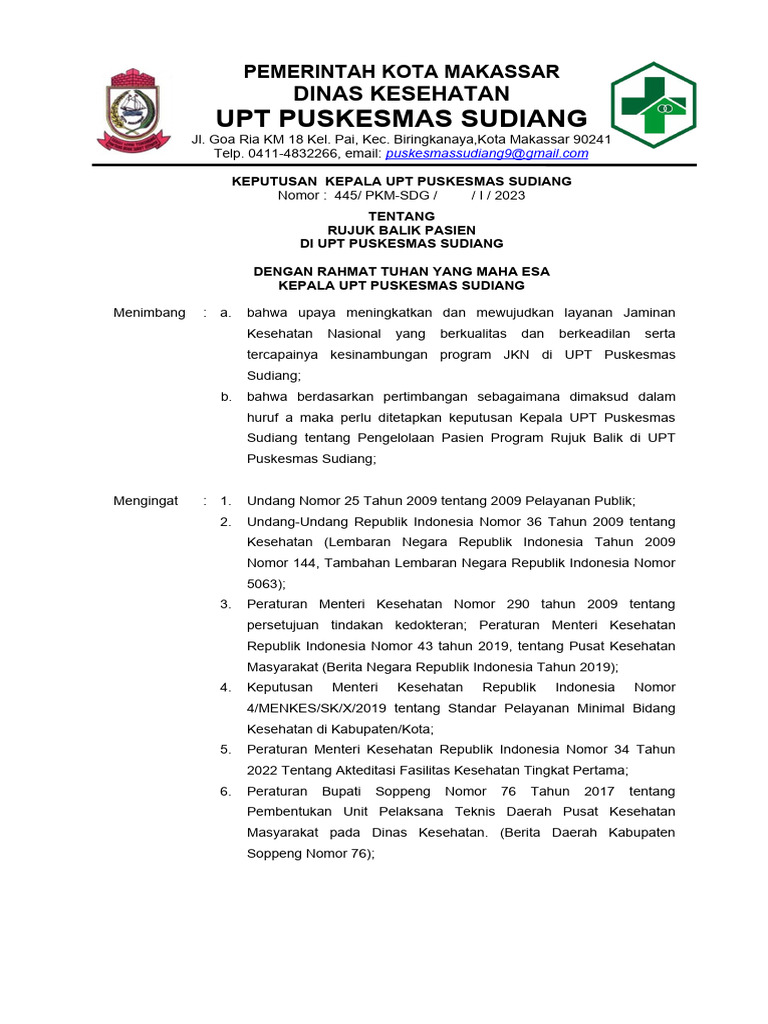 1 SK Pelayanan Rujuk Balik | PDF | Pengembangan Diri