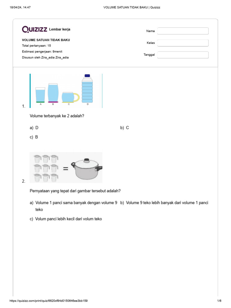 Soal Volume Satuan Tidak Baku Kelas 3-4 | PDF