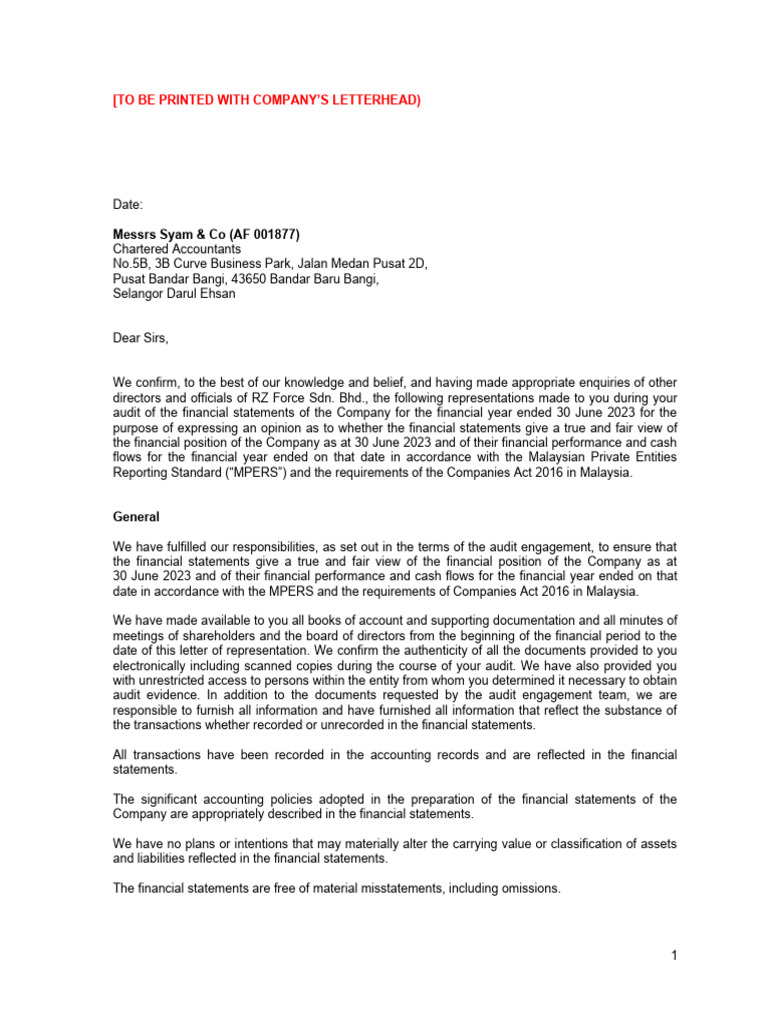 Audit Representation Letter for RZ Force | PDF | Internal Control ...