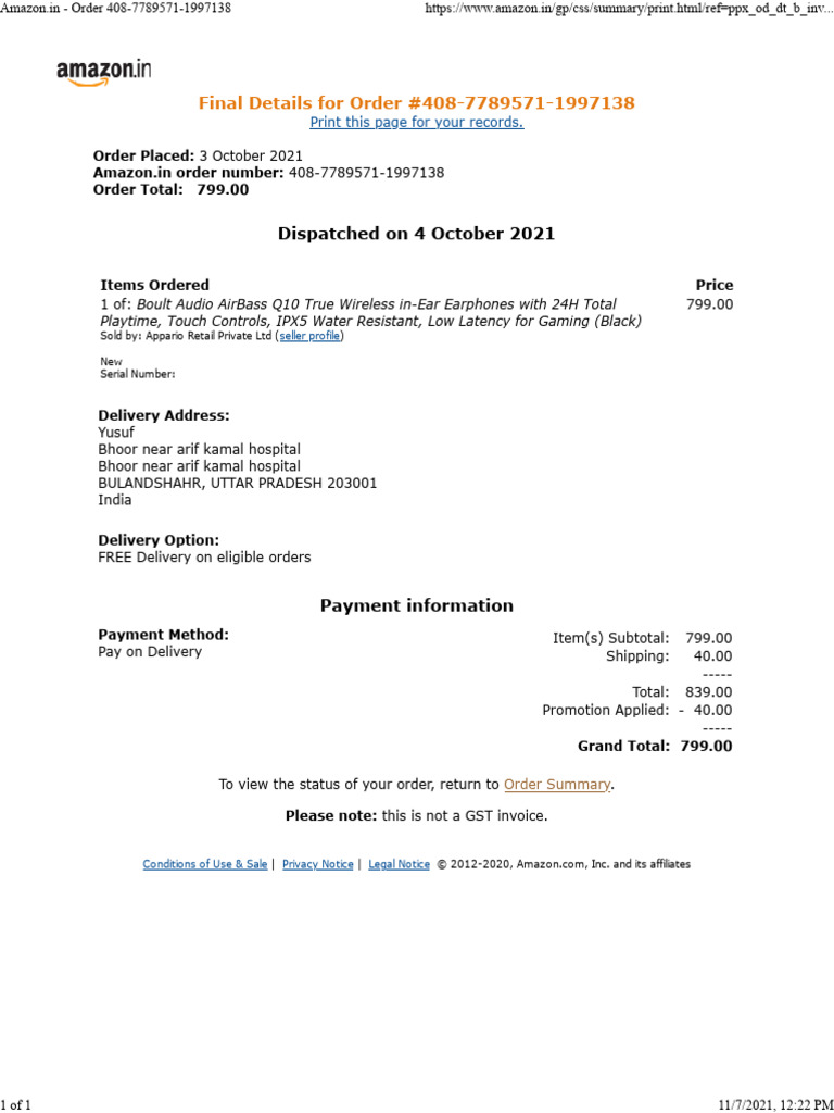 Amazon Order Summary for Earphones | PDF