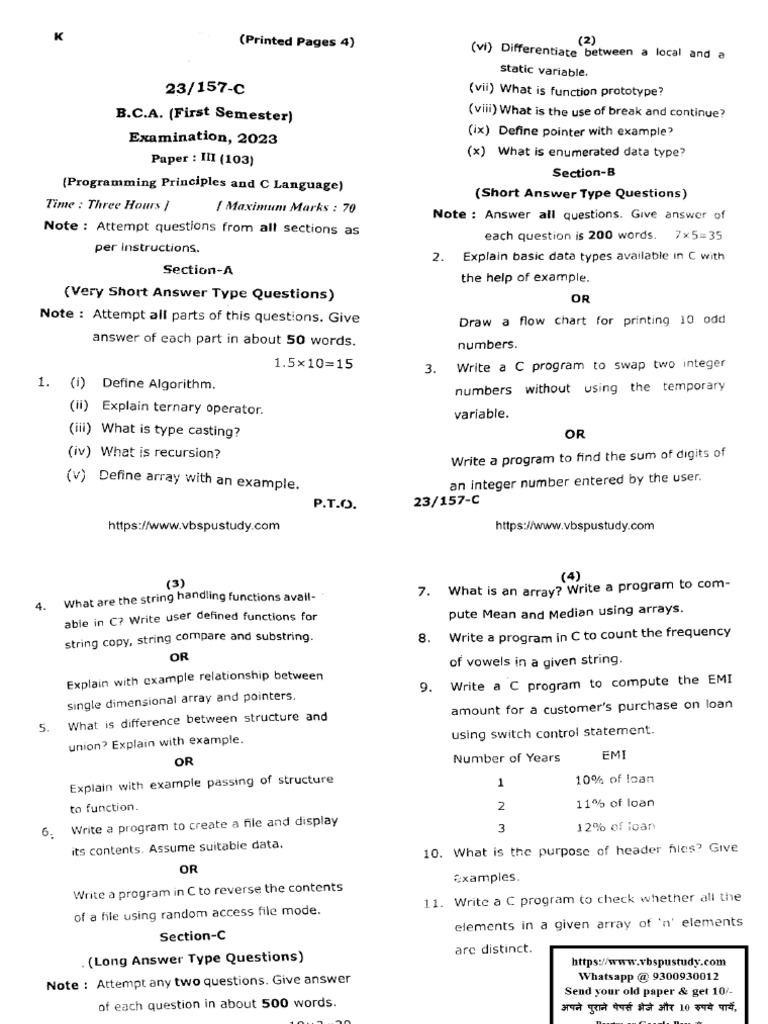 Bca 1 Sem Programming Principles and C Language 23 157 C 2023 | PDF